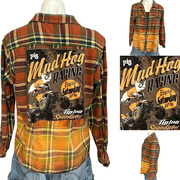 CheekyMontana | Tops | Pig Mud Racing Plaid Flannel Shirt Shacket Xl ...